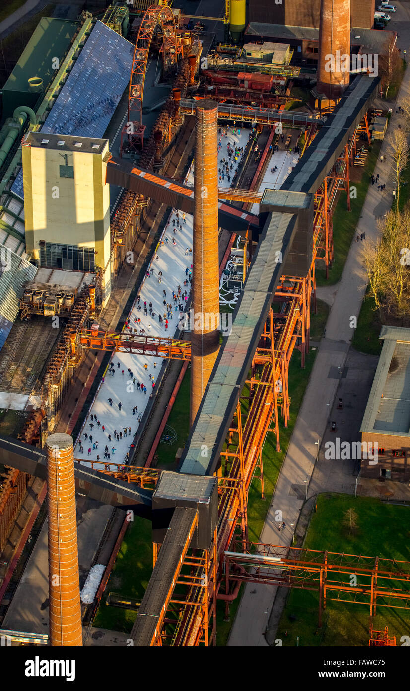 Skating rink in the coking plant Zollverein colliery with sun wheel at ...