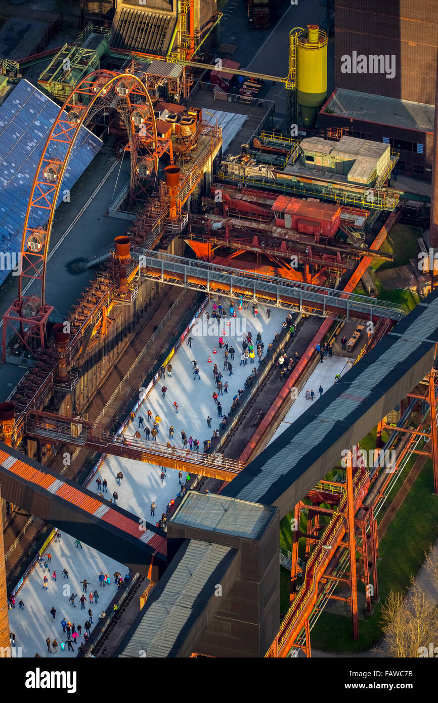 Skating rink in the coking plant Zollverein colliery with sun wheel at ...