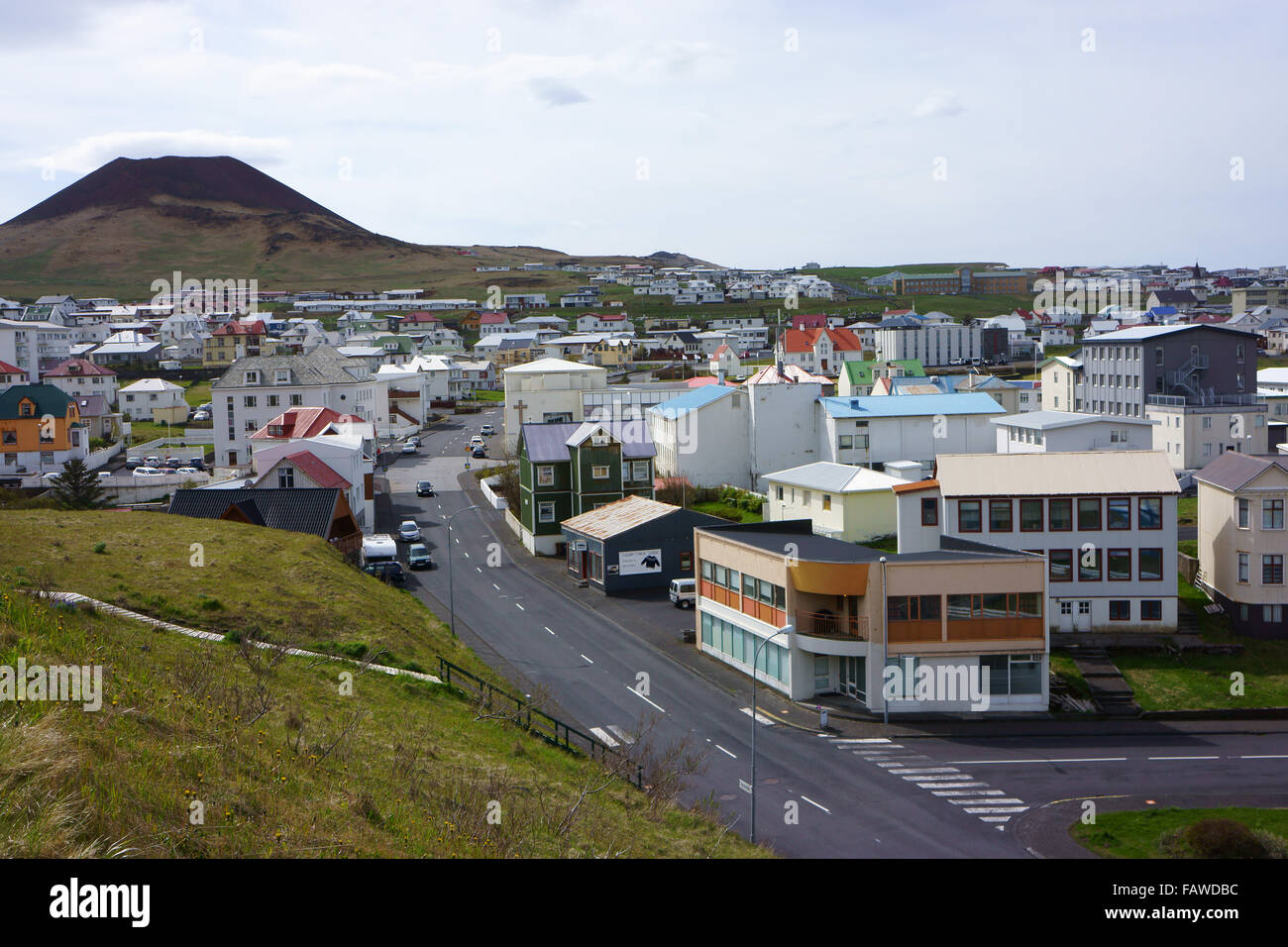 Town Heimaey, Westman islands, with Helgafelll Volcano, Iceland Stock ...