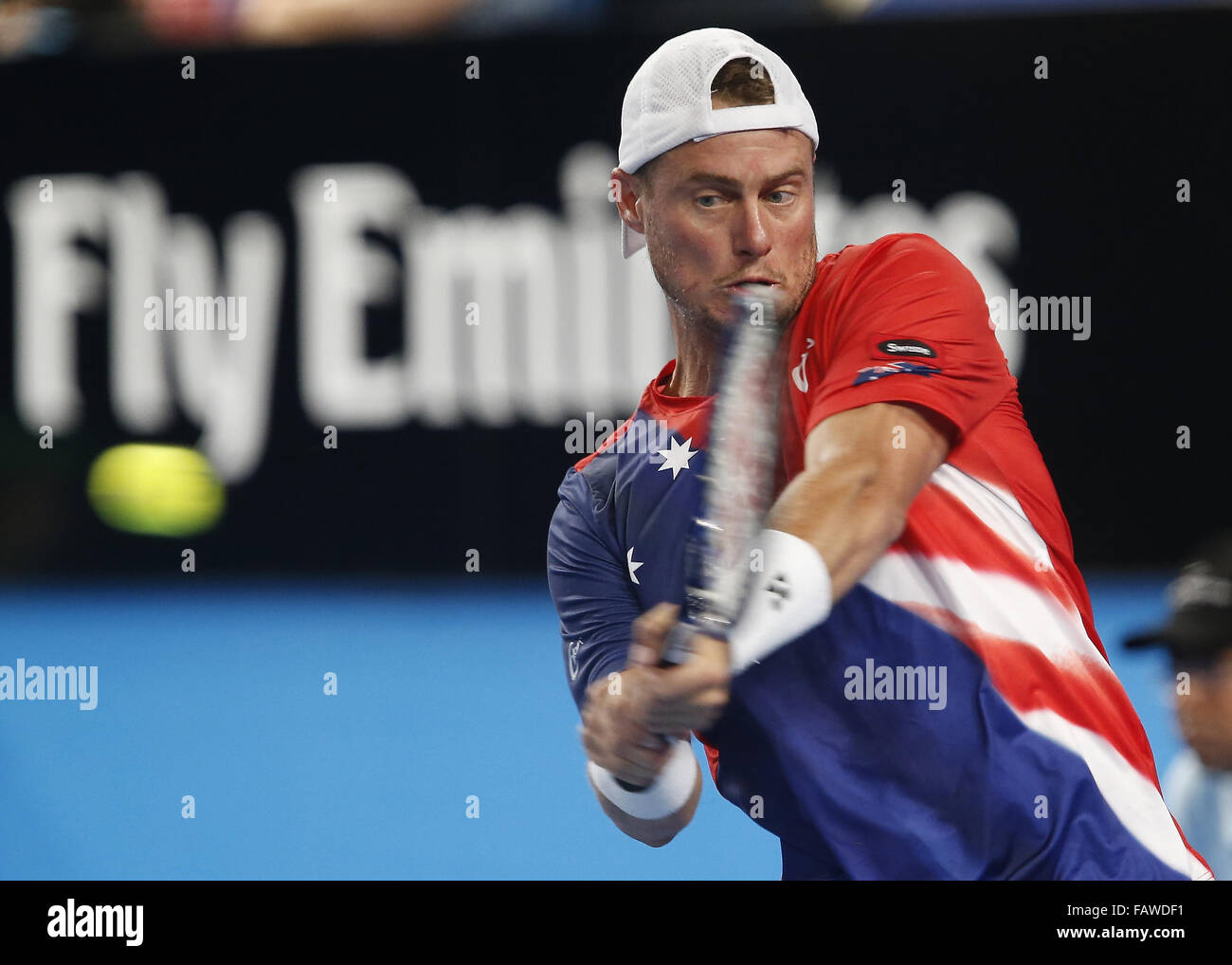 Perth, Australia. 5th Jan, 2016. LLEYTON HEWITT (AUS) plays a back hand ...
