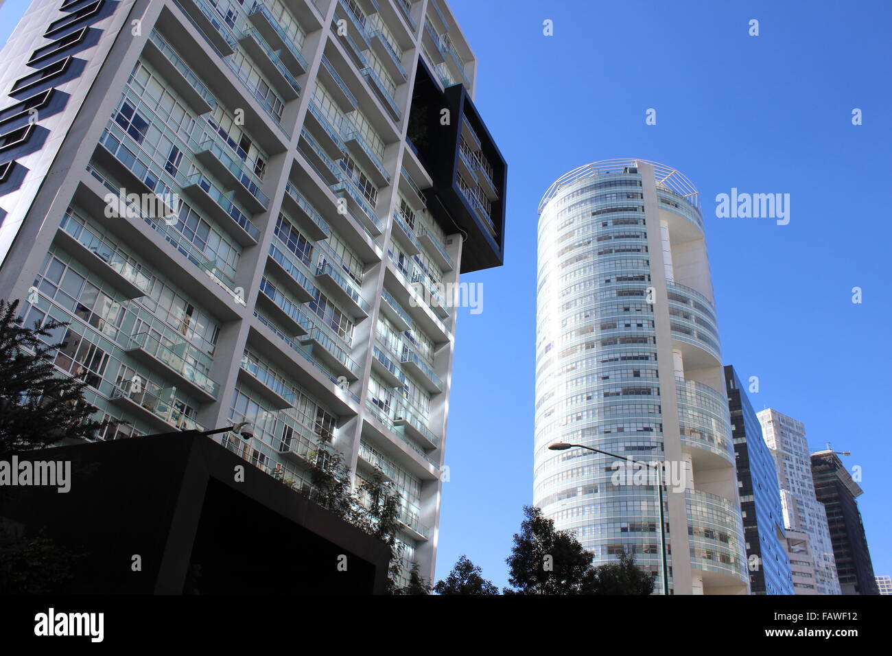 Looking up at modern architecture in the residential area of the Santa ...