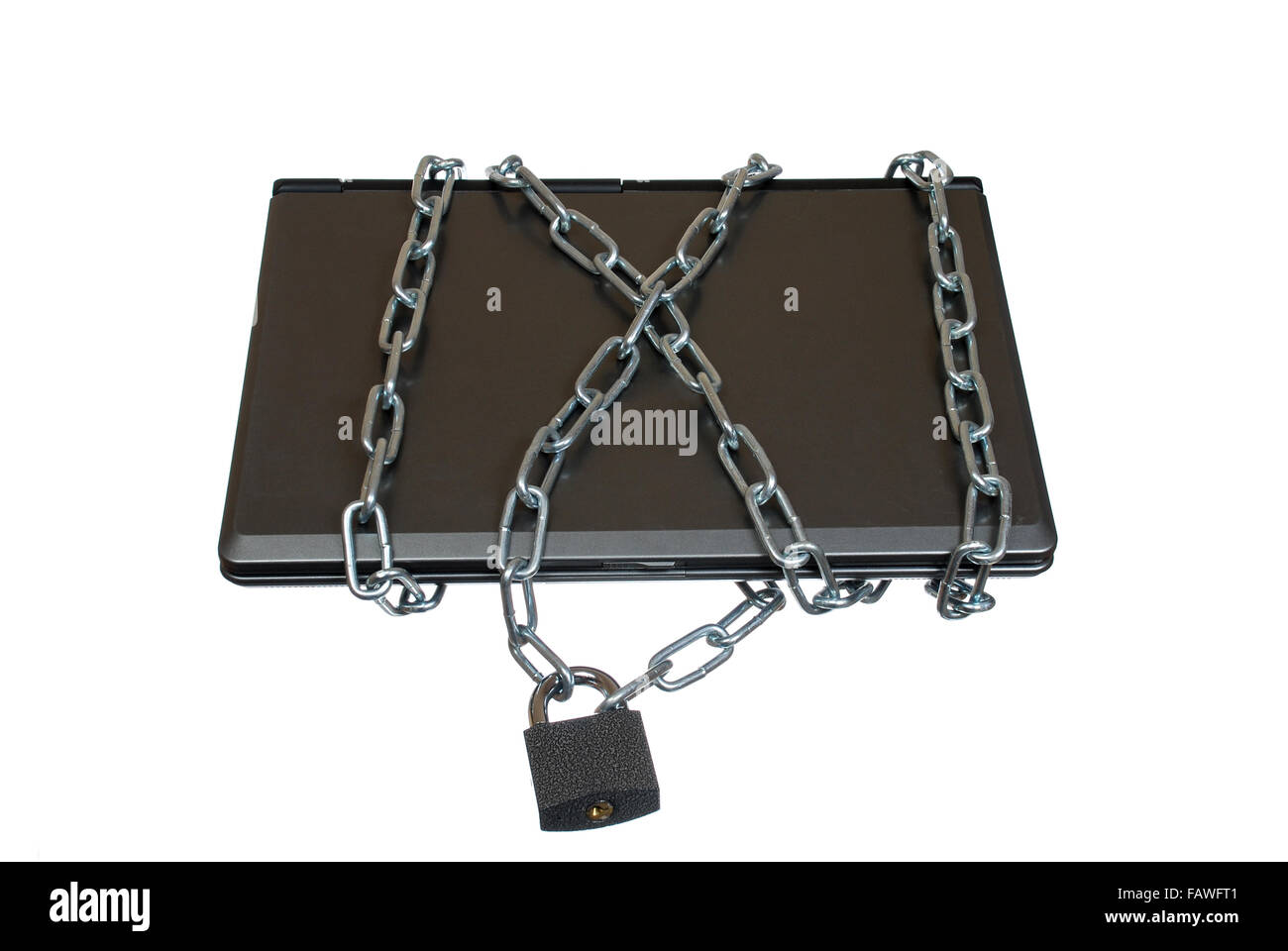 laptop, bound in a chain with a closed lock on white background. Data ...