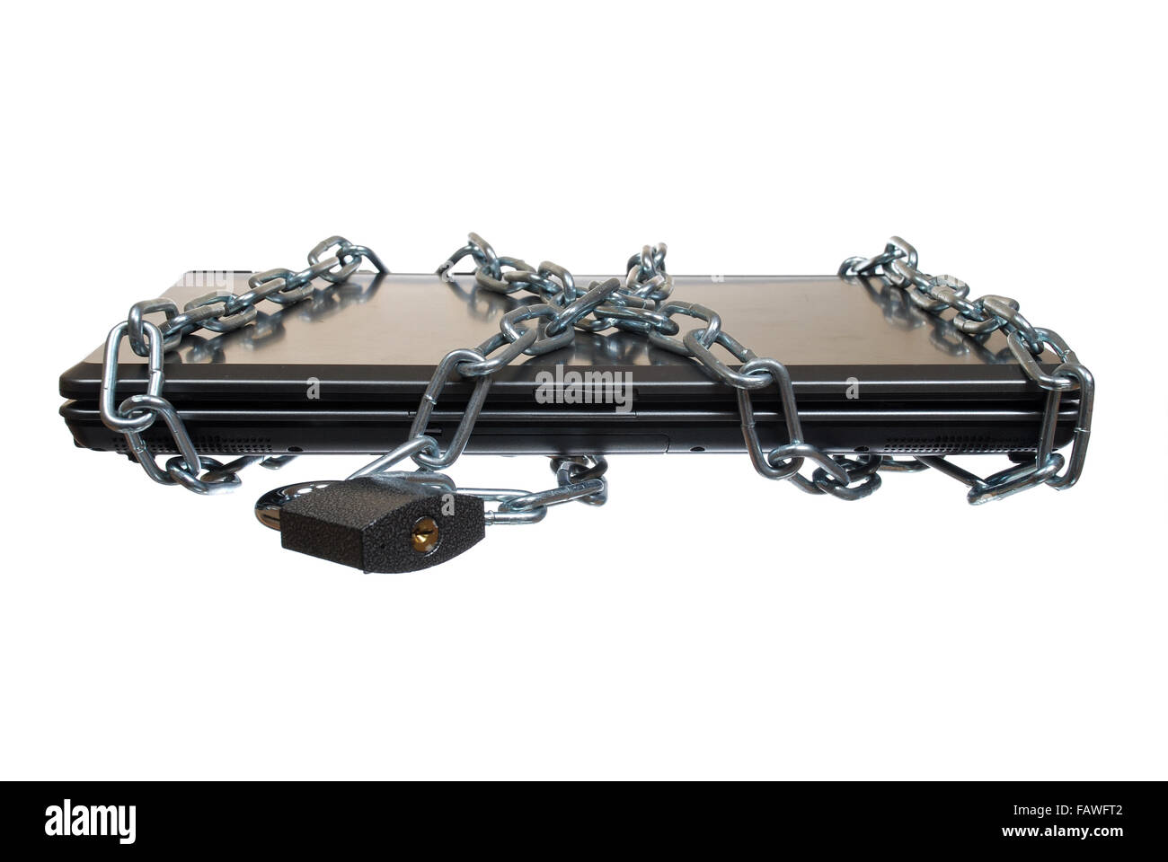 laptop, bound in a chain with a closed lock on white background. Data ...