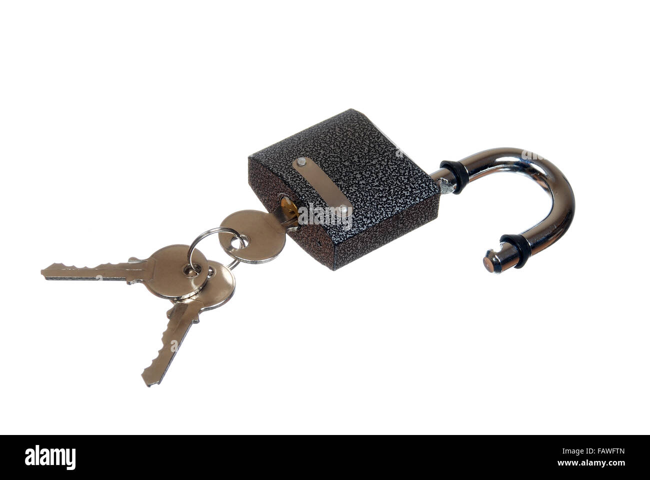 an opened padlock with keys on a white background Stock Photo - Alamy