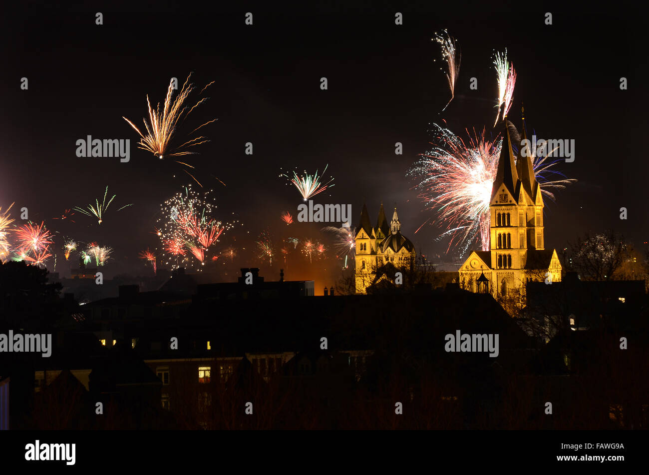 Fireworks over Roermond (Netherlands) on New Year’s Eve 2015 Stock ...