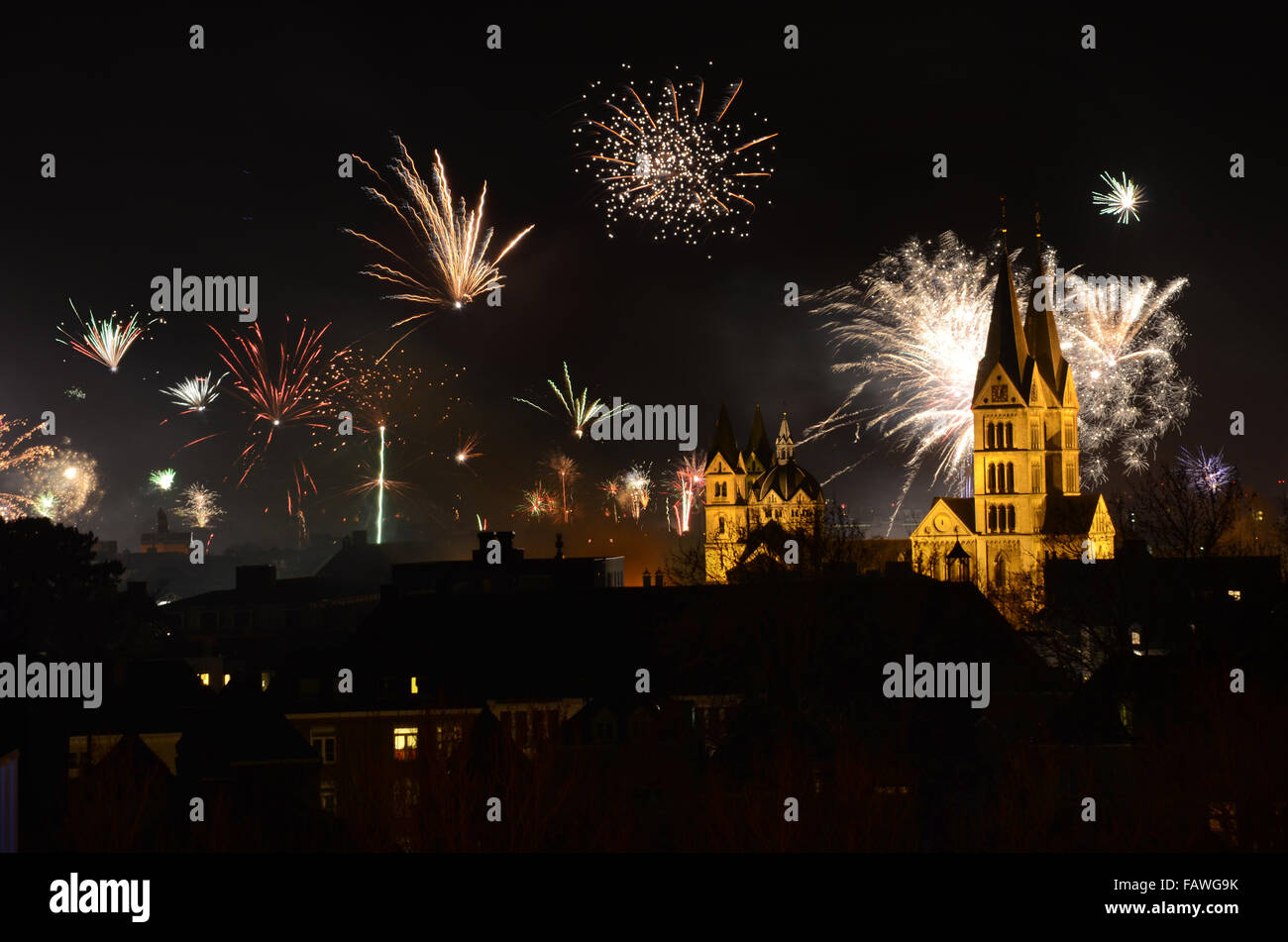 Fireworks over Roermond (Netherlands) on New Year’s Eve 2015 Stock ...