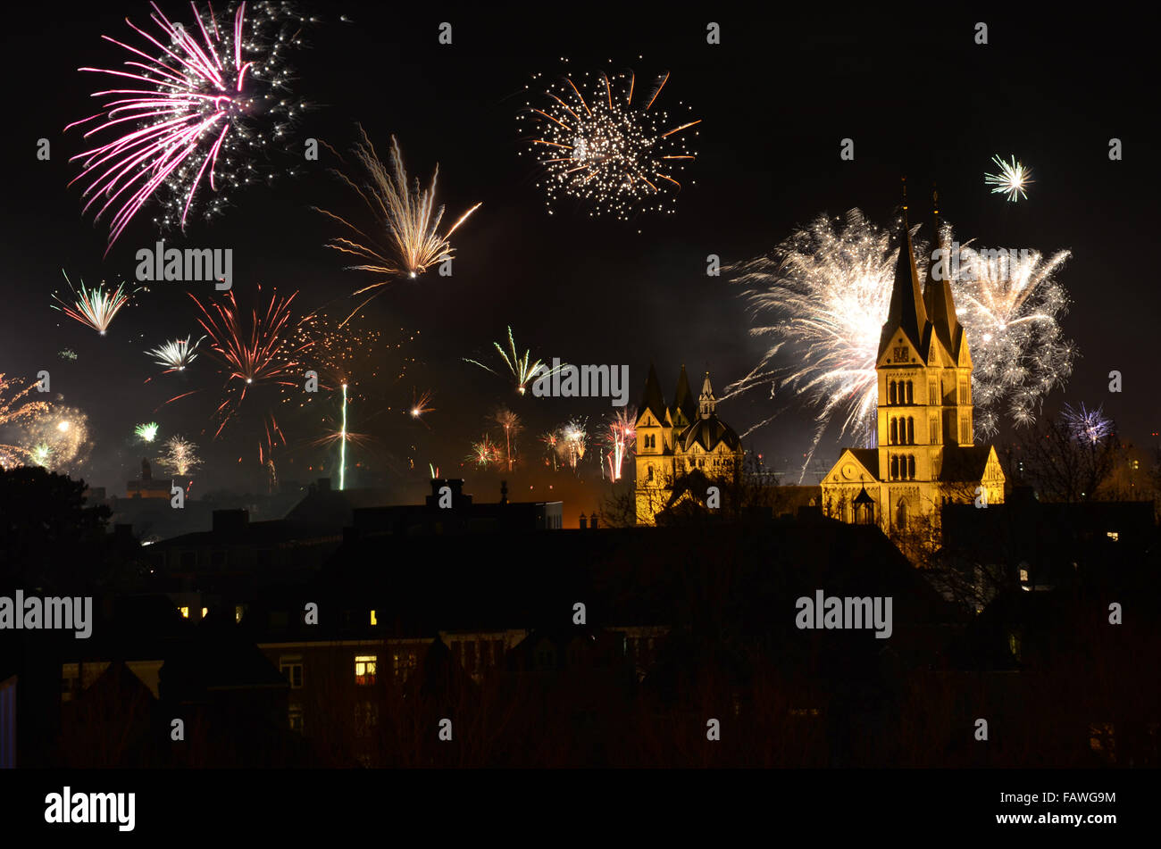 Fireworks over Roermond (Netherlands) on New Year’s Eve 2015 Stock ...