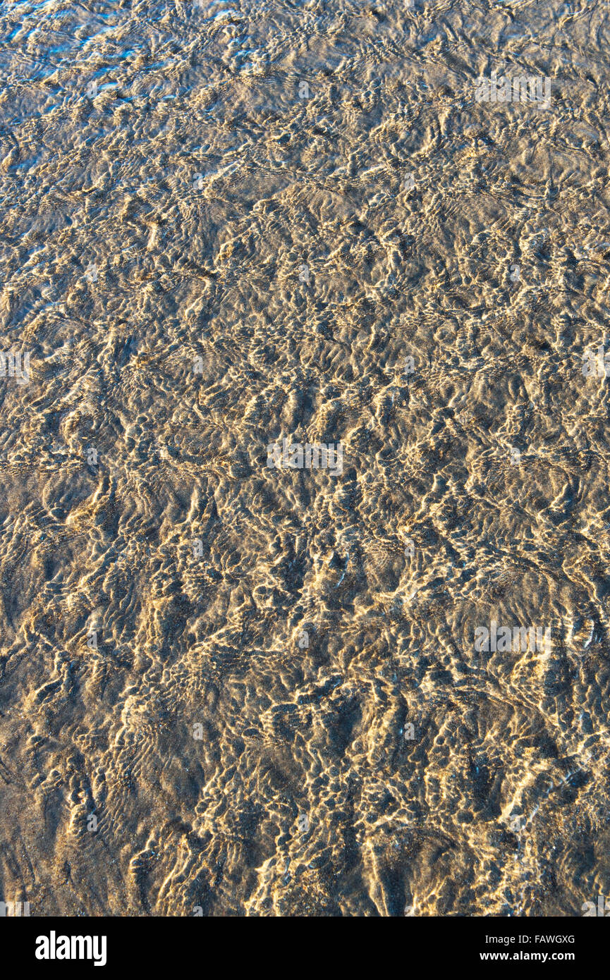 Shallow rippled sea water and sand over a beach at low tide ...