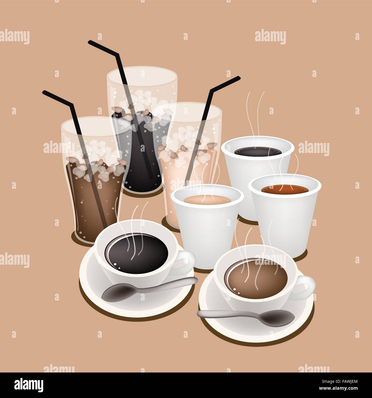 A Group of Black Coffee, Takeaway Coffee and Iced Coffee Stay on Retro ...