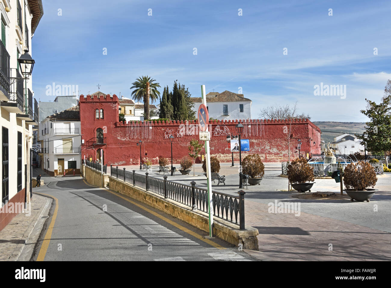 Moorish red castle walls in Plaza de la Constitucion Alhama de Granada ...
