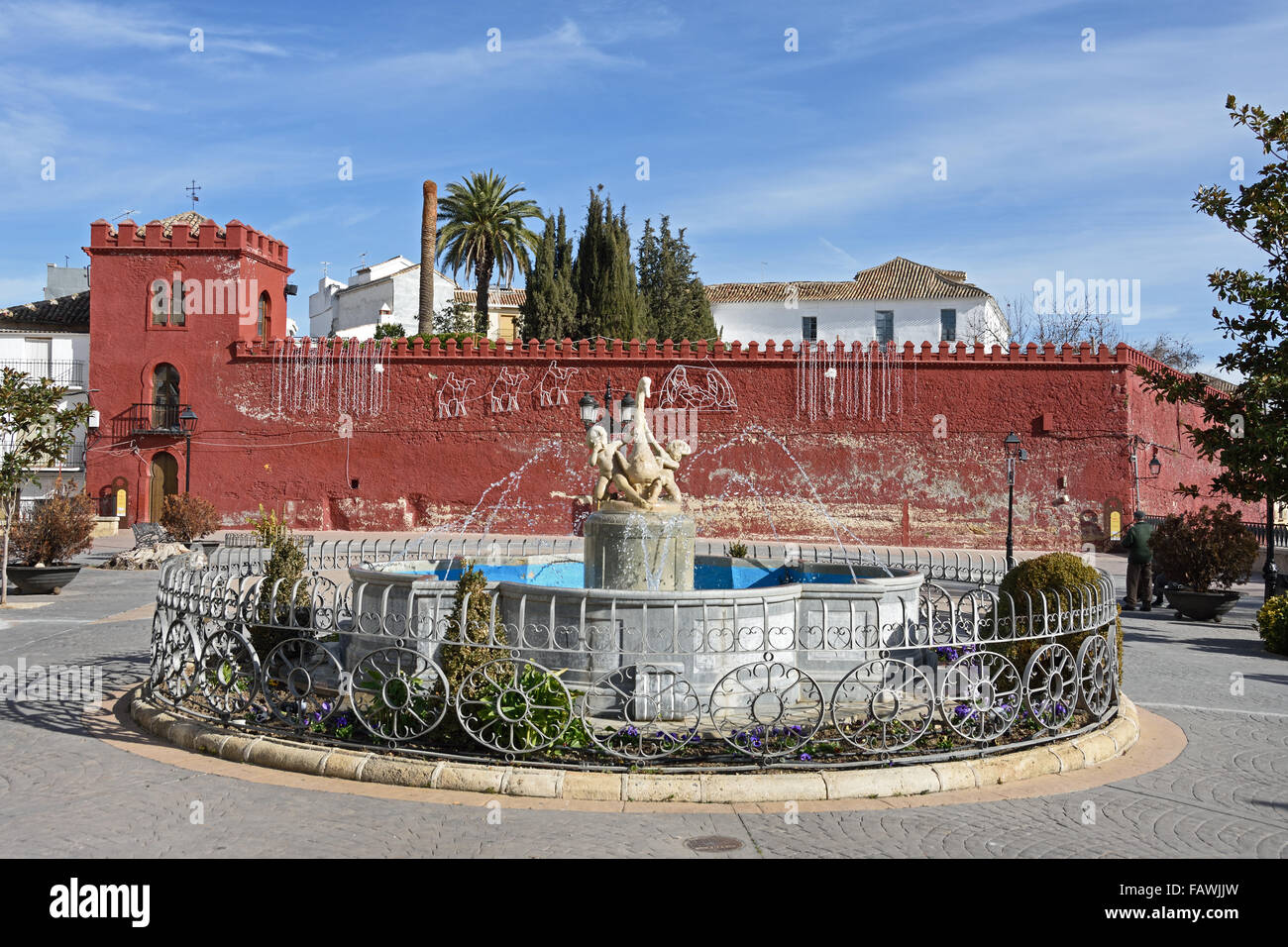 Moorish red castle walls in Plaza de la Constitucion Alhama de Granada ...