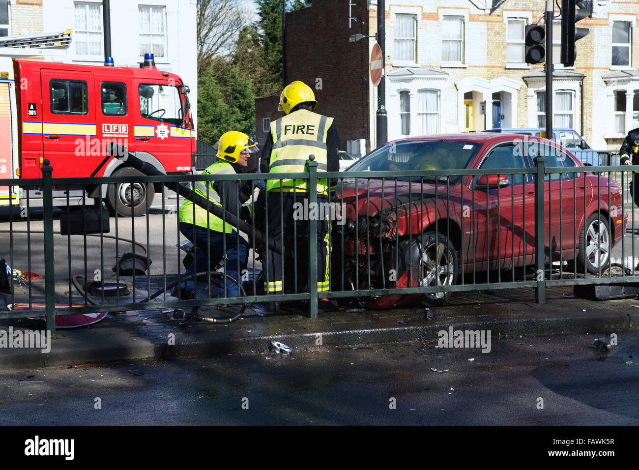 Car crash, fireman and fire truck in attendance, north London, UK ...