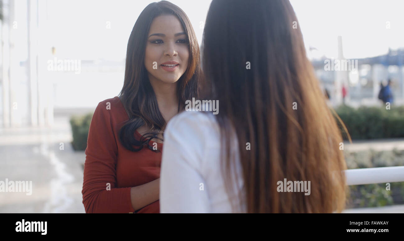 Attractive young woman talking to a girlfriend Stock Photo - Alamy