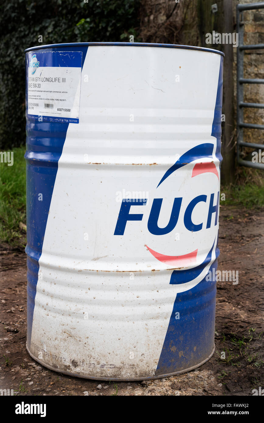 Oil drum being used as gate obstruction Stock Photo - Alamy