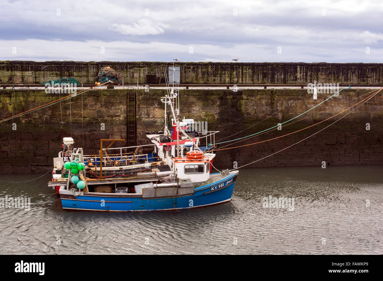 Fishing boats moored inside the harbour wall in Pittenweem on the coast ...