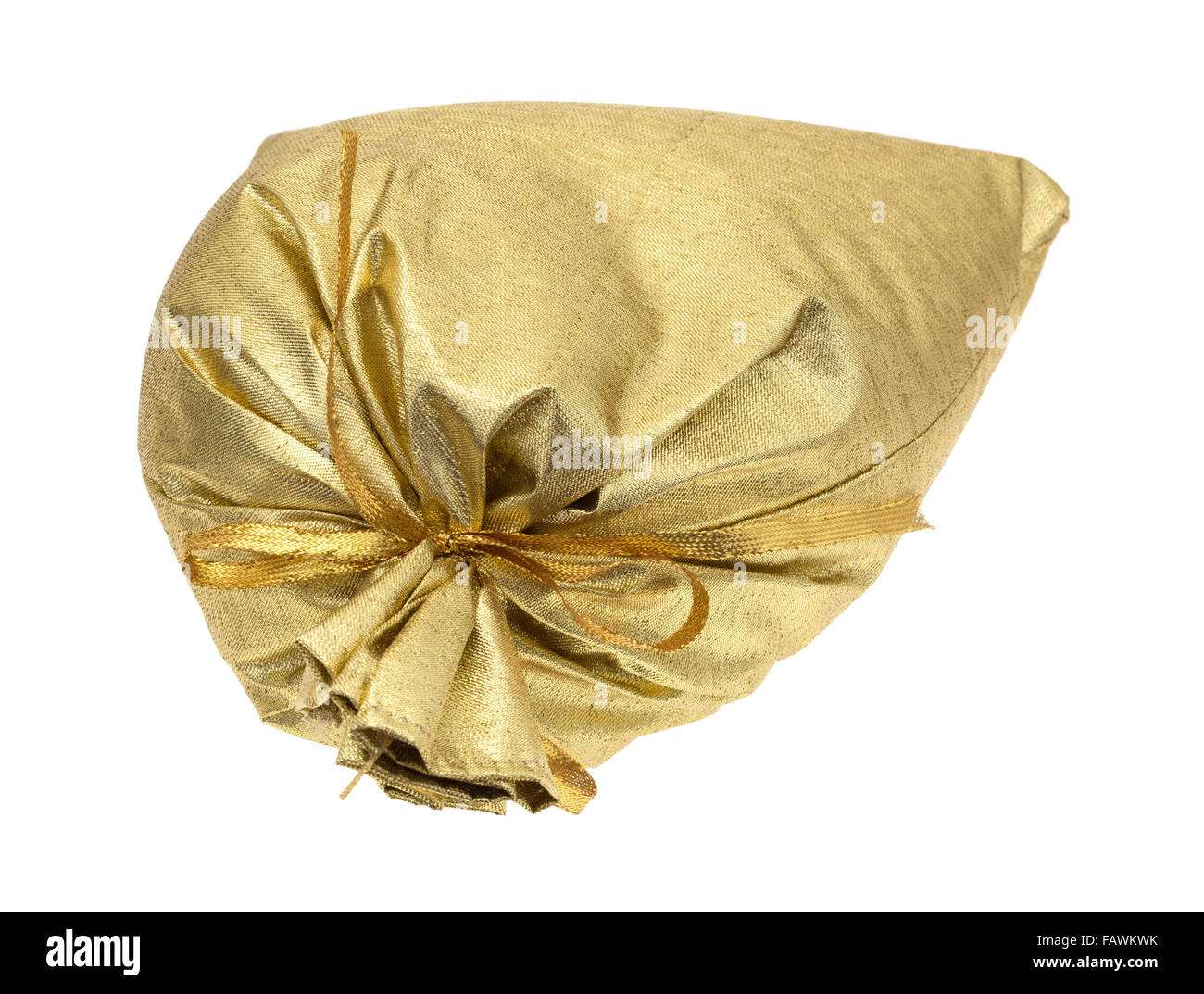 A gold cloth tied filled gift bag isolated on a white background Stock ...