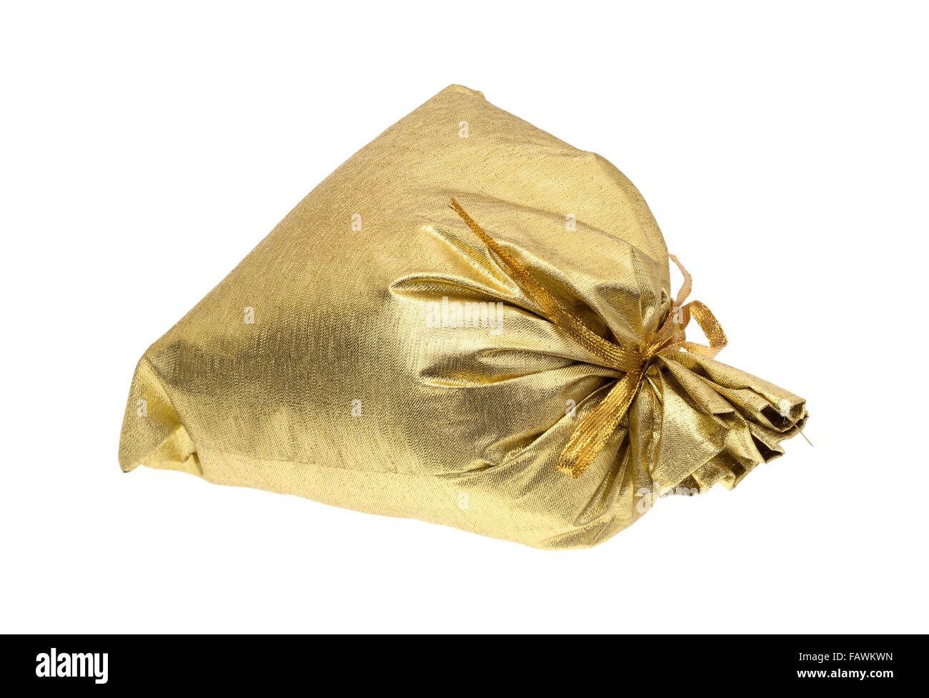 A gold cloth tied filled gift bag isolated on a white background Stock ...