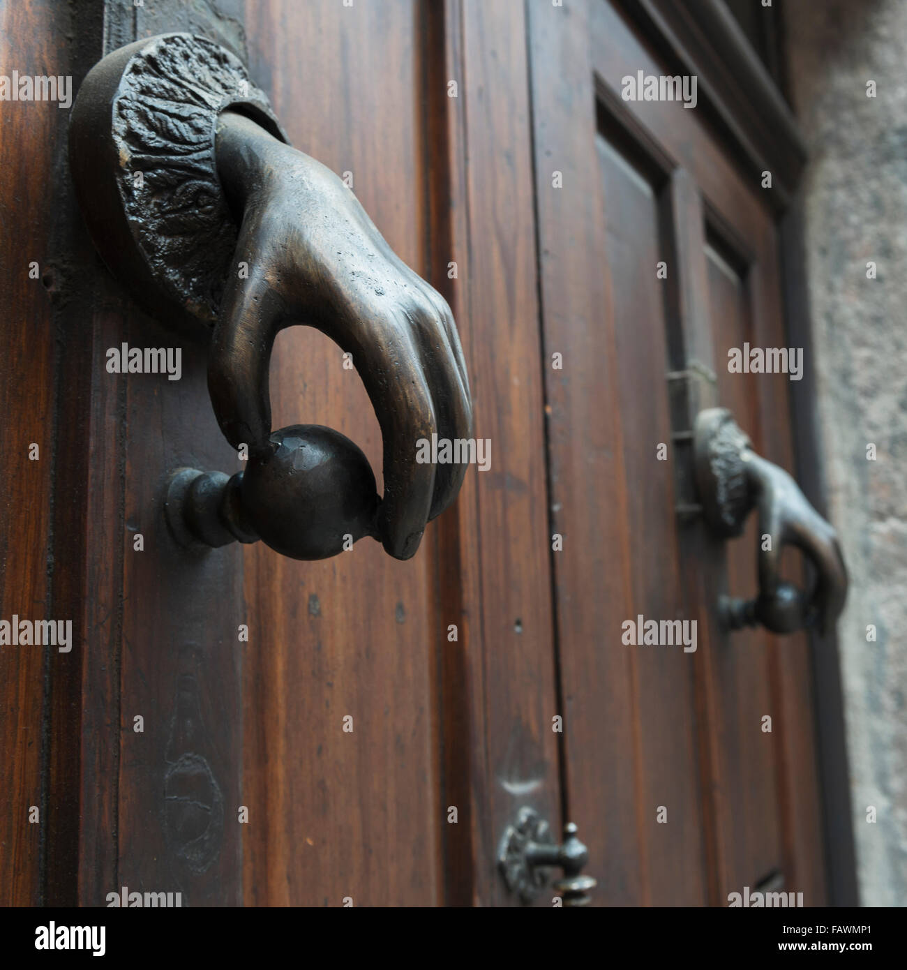 Door handle designed with a human hand on a knob; Guanajuato, Mexico ...