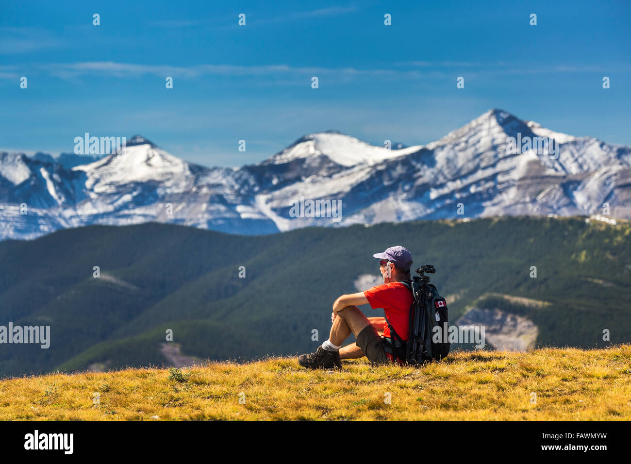 Male hiker sitting on a grassy mountain top overlooking foothills, snow ...