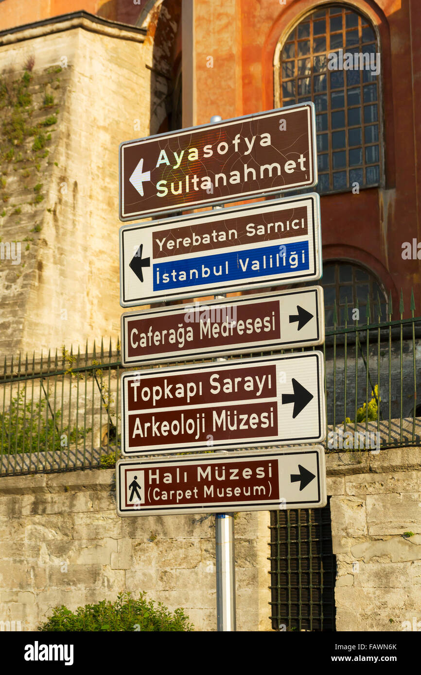 Tourist signs for major tourist attractions; Istanbul, Turkey Stock ...