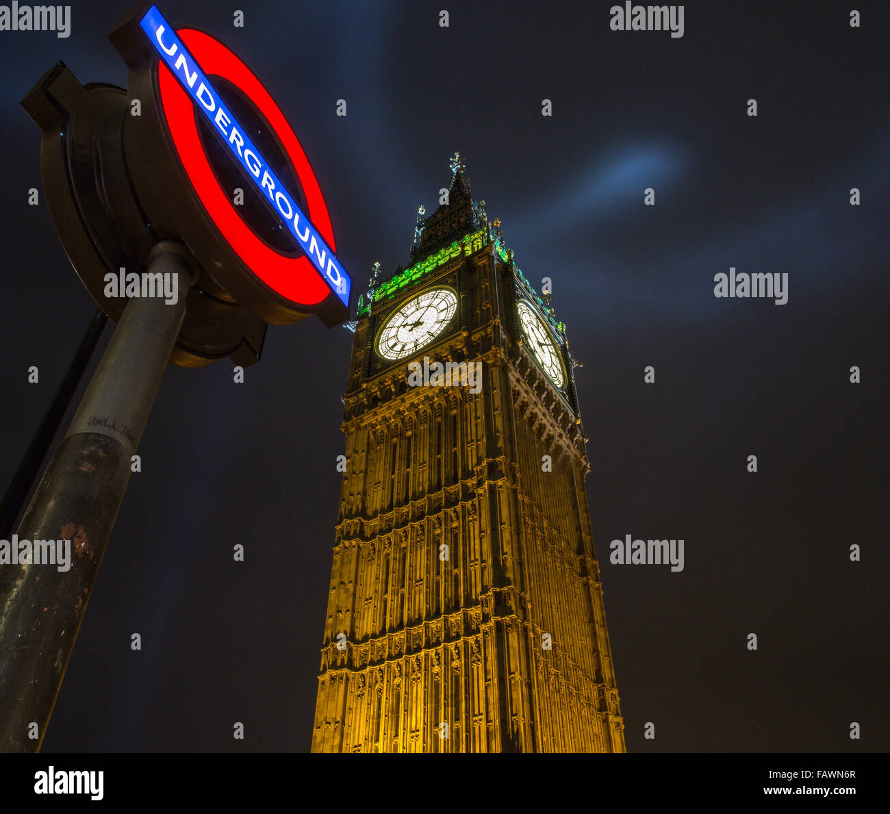 Big Ben,Underground sign at night Stock Photo - Alamy