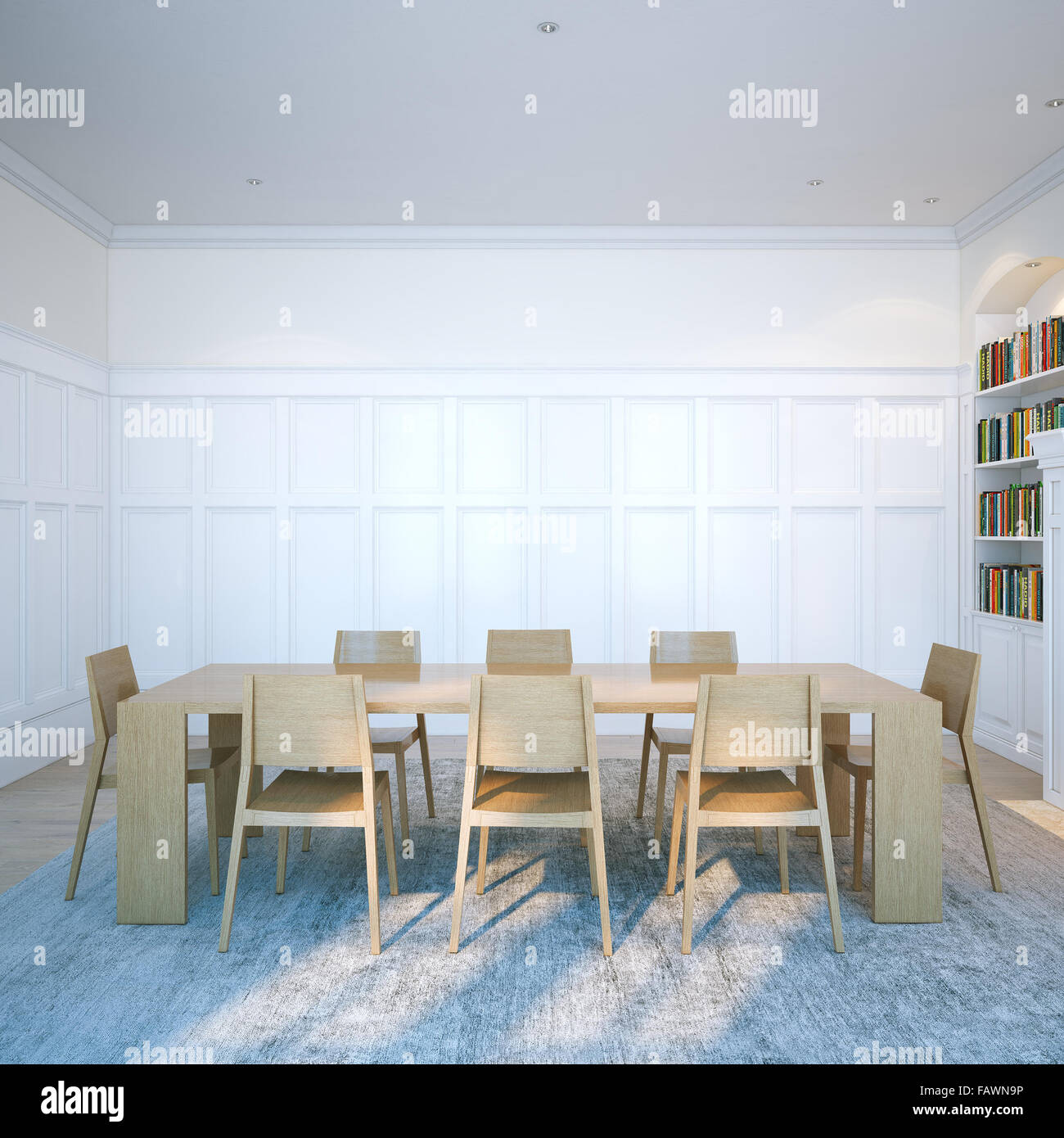 Home library in classic white room. Living interior with fireplace . 3D ...