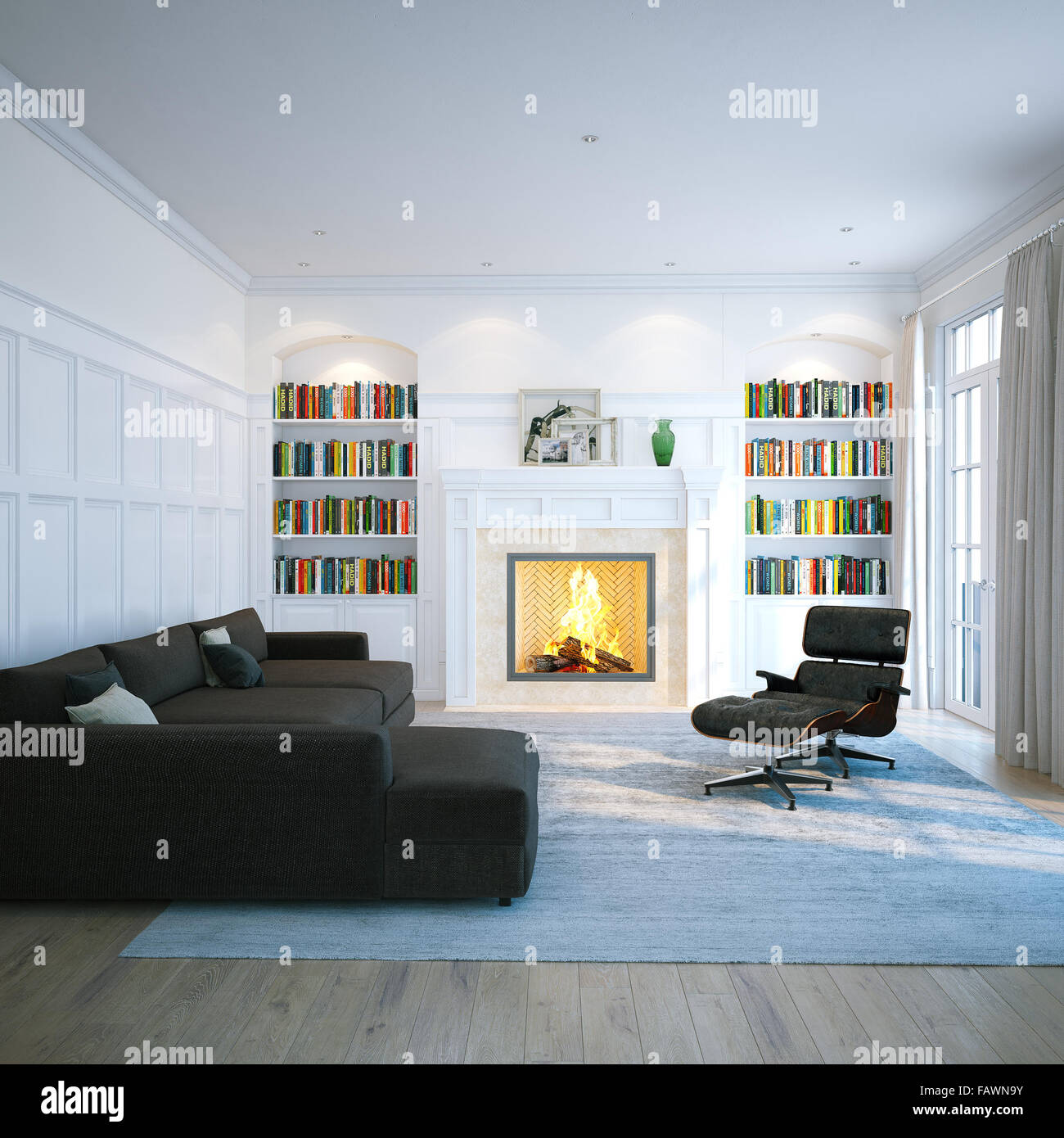 White Home Library With Fireplace