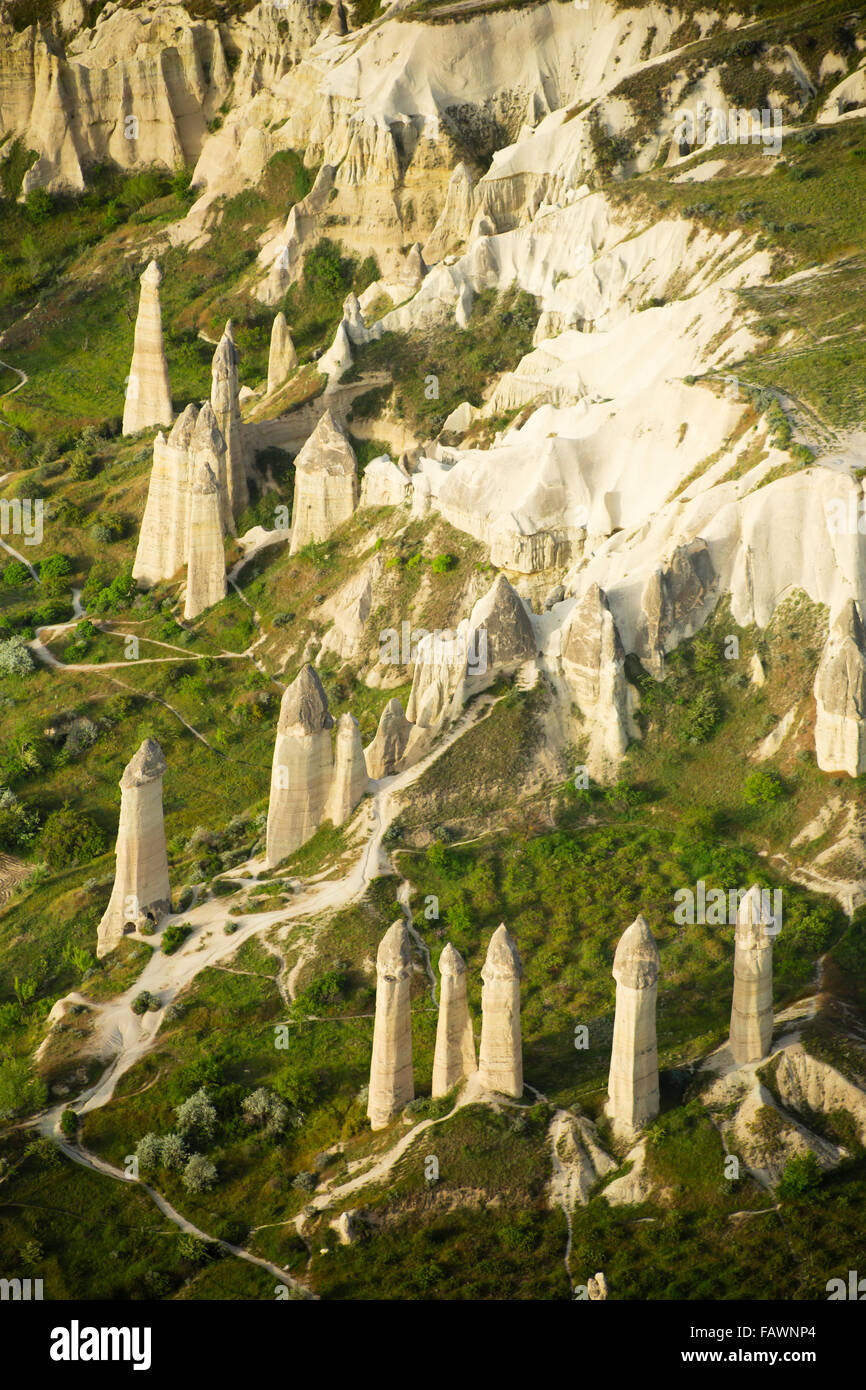 Aerial view of fairy chimneys over Goreme National Park; Cappadocia ...
