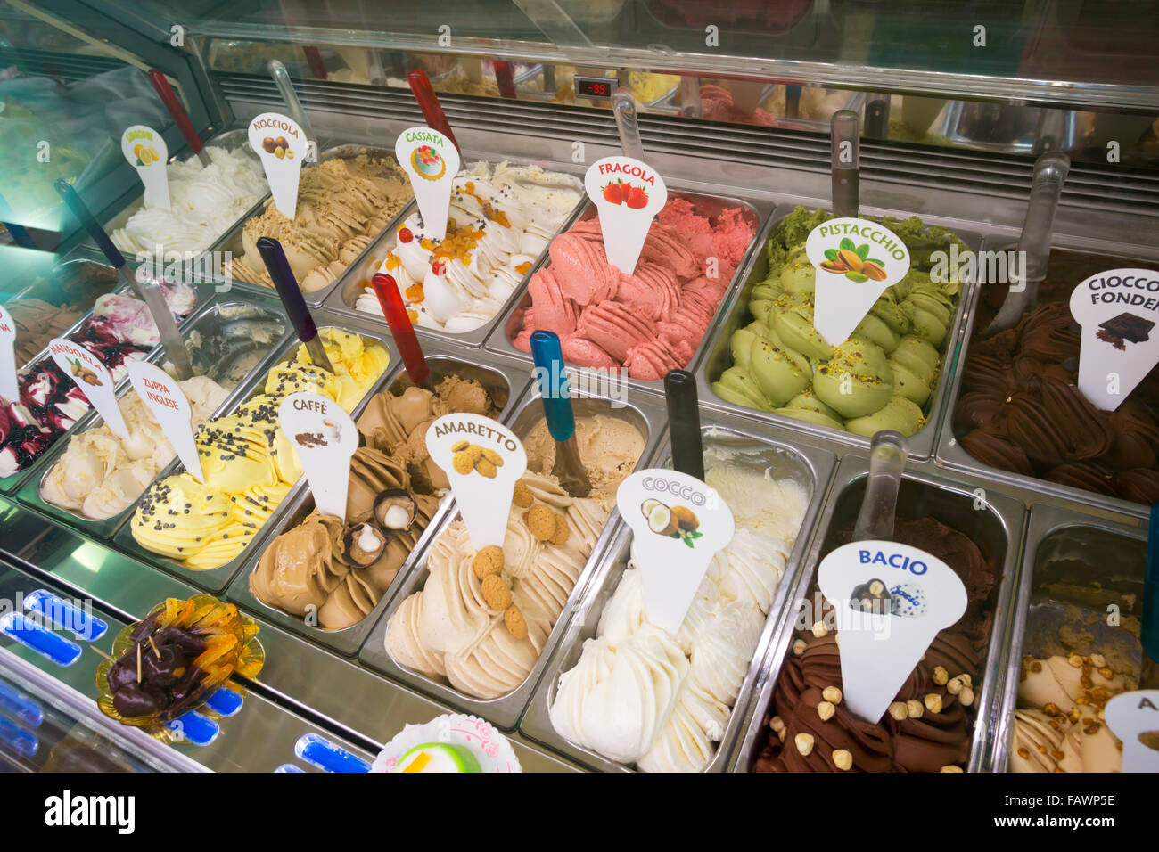 Gelato for sale in a display case; Trapani, Sicily, Italy Stock Photo ...