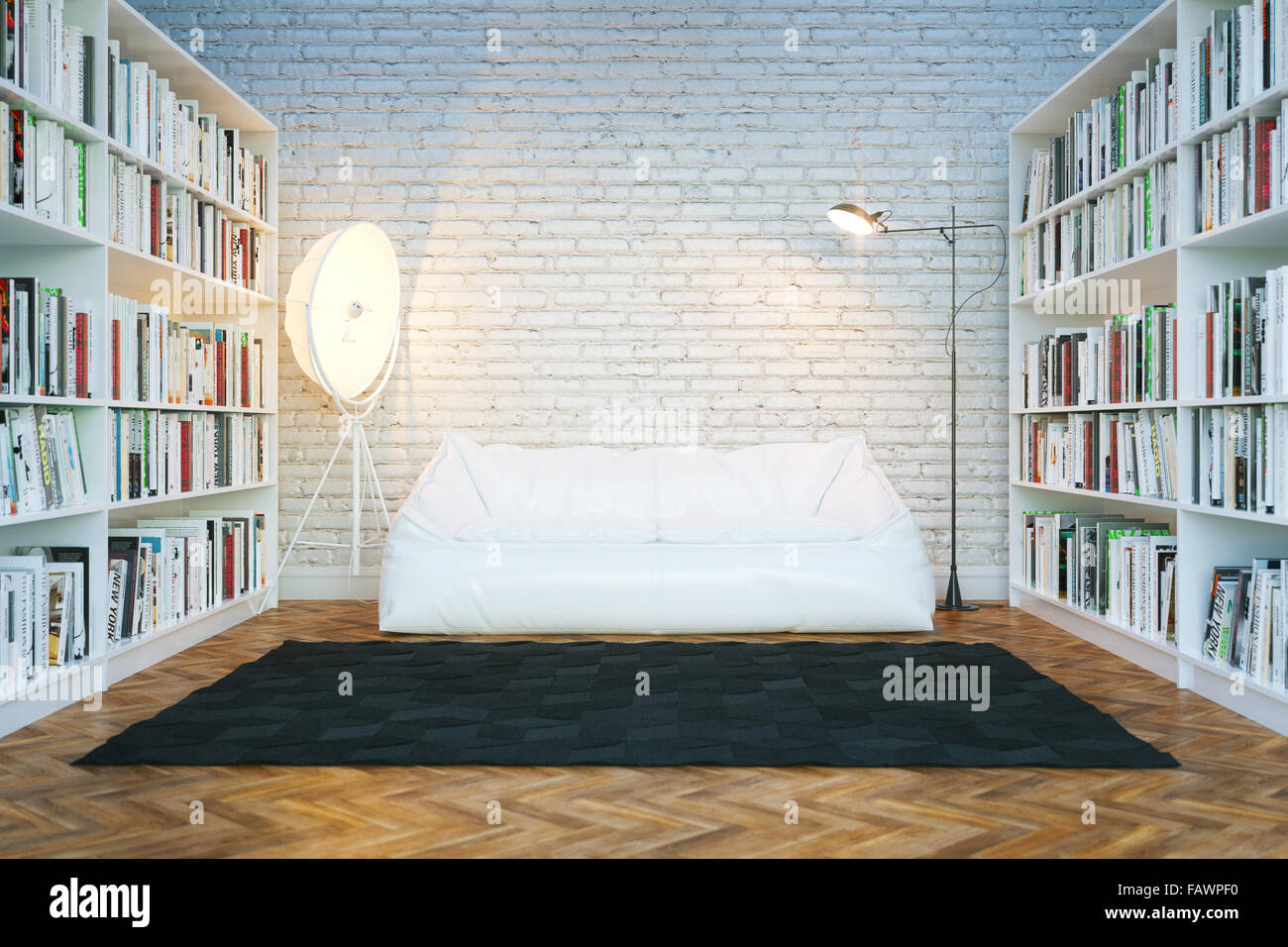 Home library in new white room. Loft design interior . 3D render Stock ...