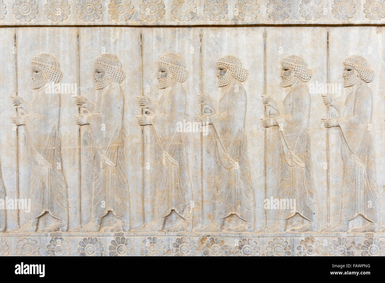 Ancient relief of the Achaemenids, soldiers of the Immortal Guard with ...