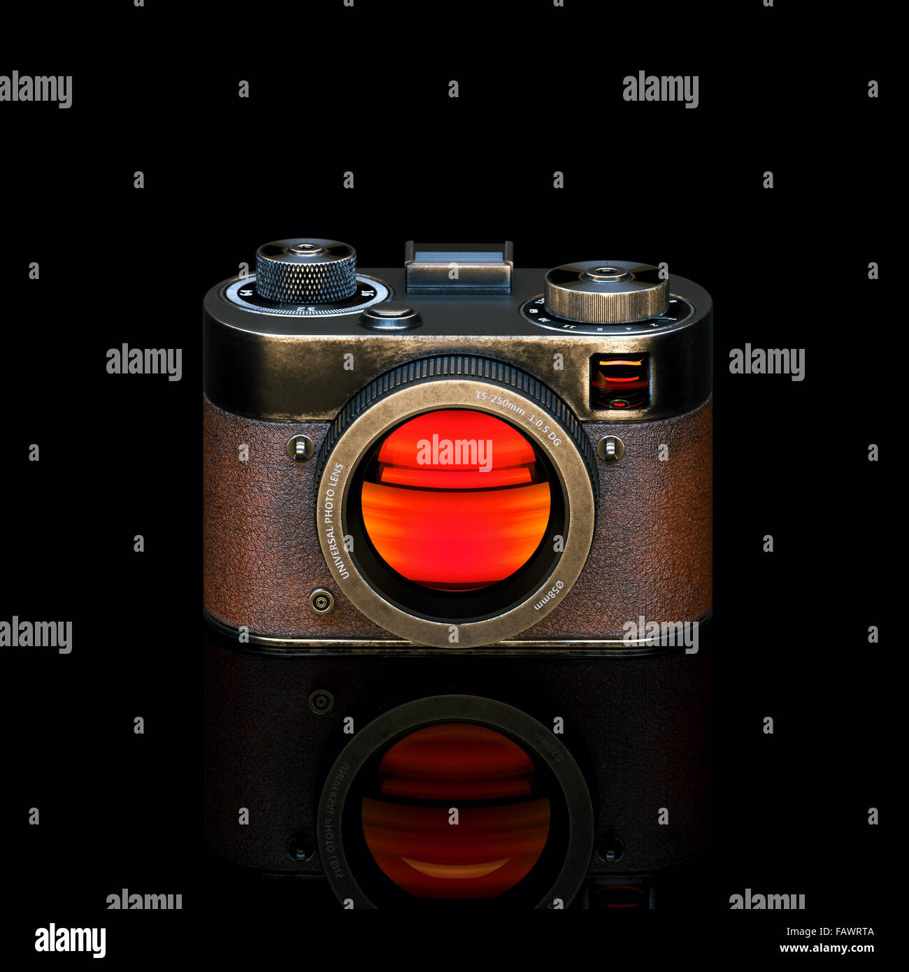 Vintage photo camera with attrition on the shell on black background ...