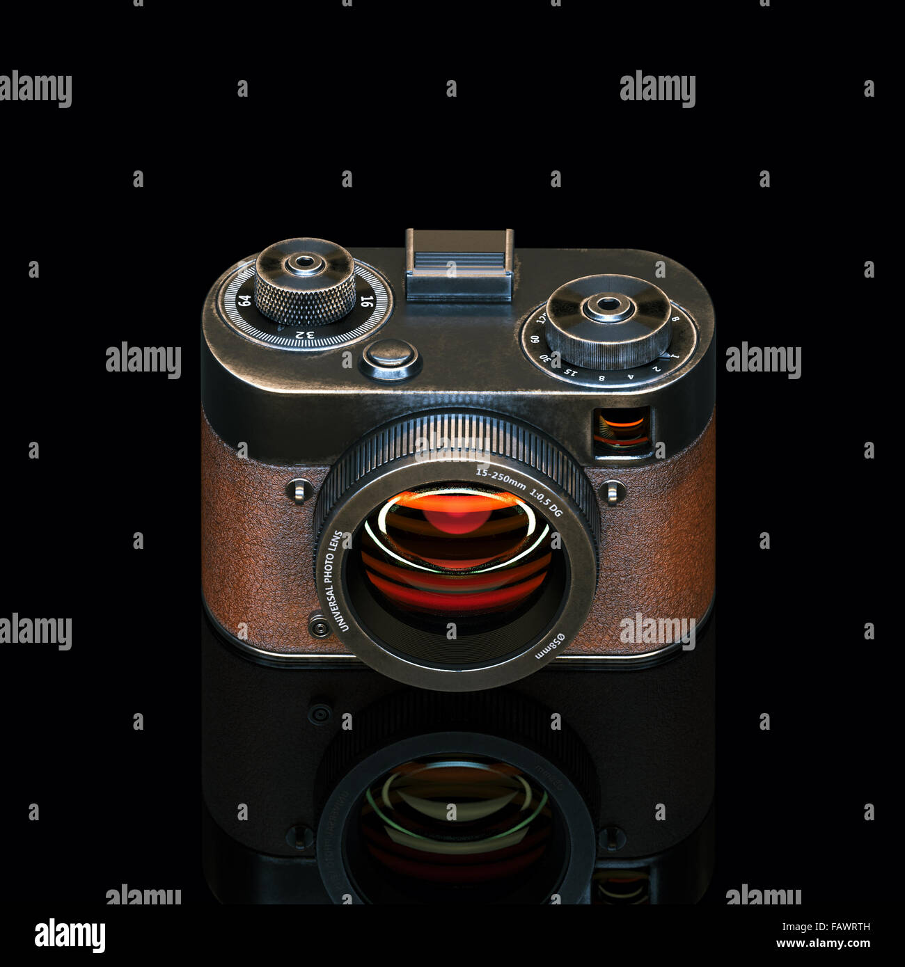 Vintage photo camera with attrition on the shell on black background ...