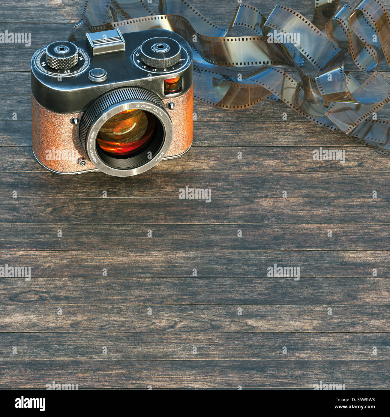 Old style photo camera SLR with vintage photo film strip. 3D render ...