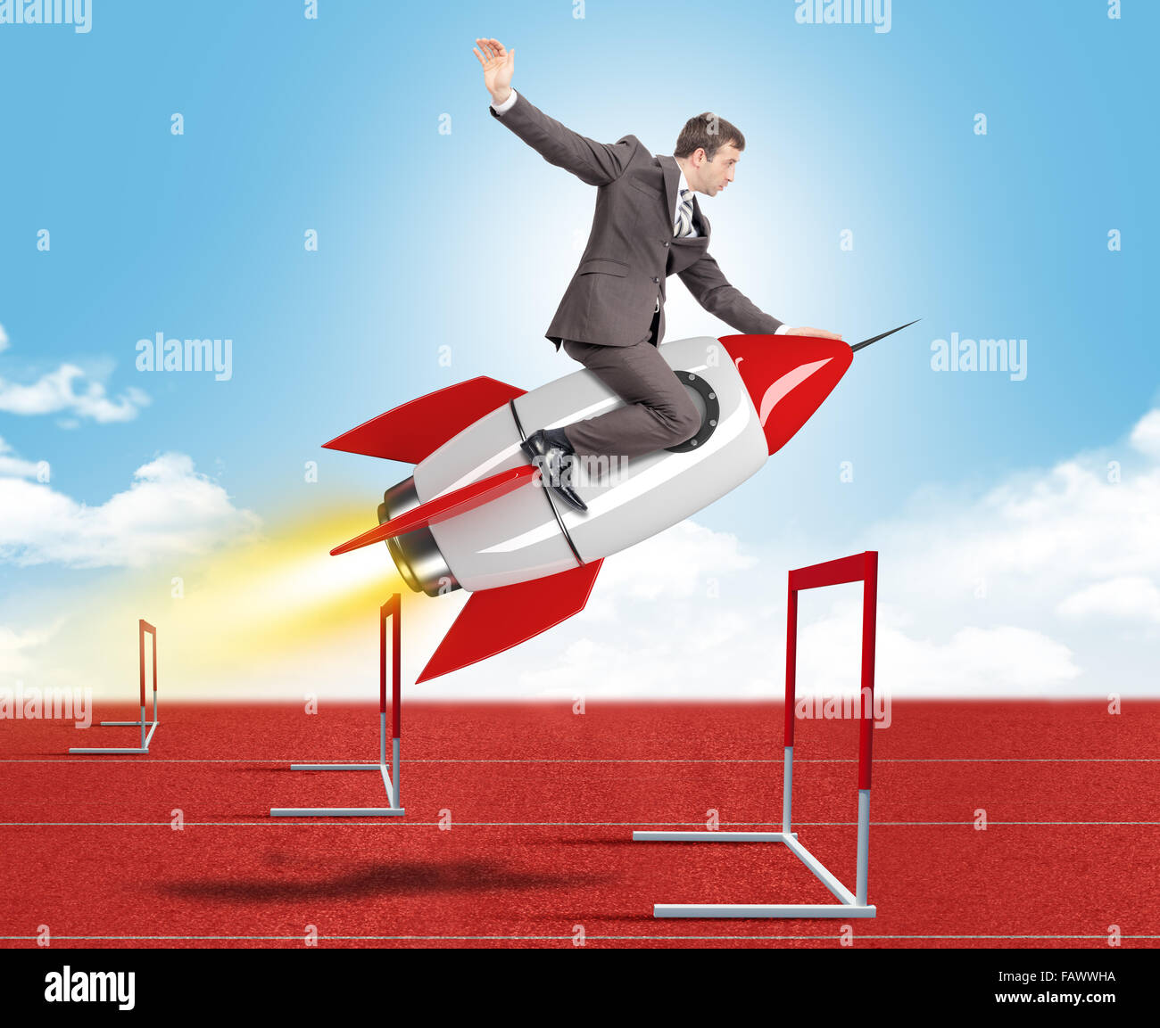 Businessman flying on rocket Stock Photo - Alamy