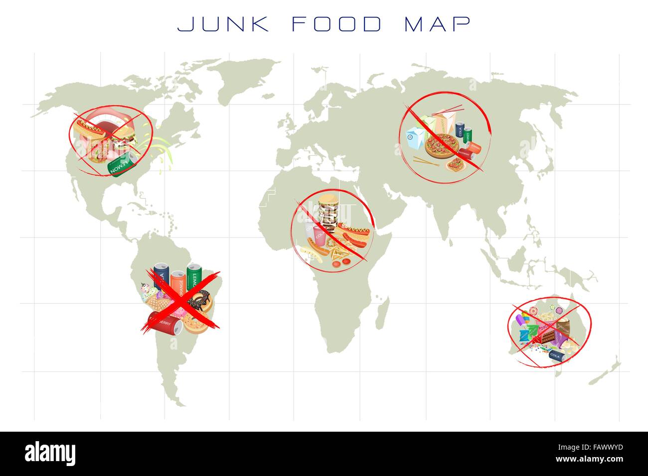 Unhealthy Eating, Detailed Illustration of A Map of Fast Food and Junk ...