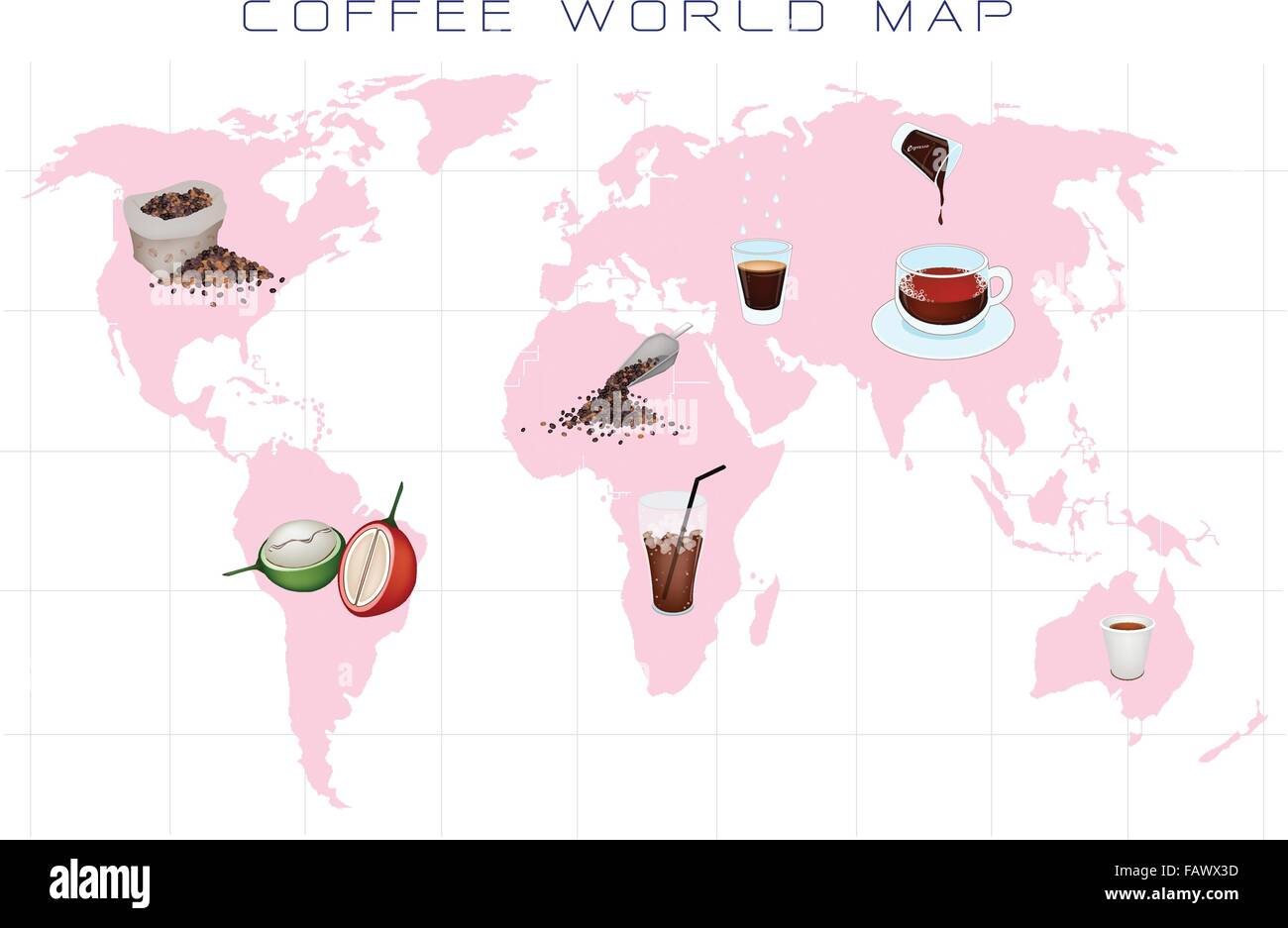 Coffee Berries, Roasted Coffee Beans and Coffee Drink on World Map ...