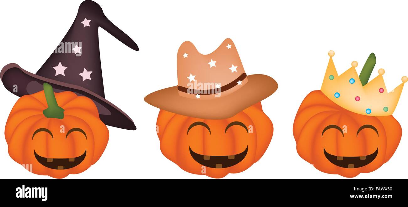 Three Jack-o-Lantern Pumpkins Wearing Witch Hat, Cowboy Hat and Golden ...