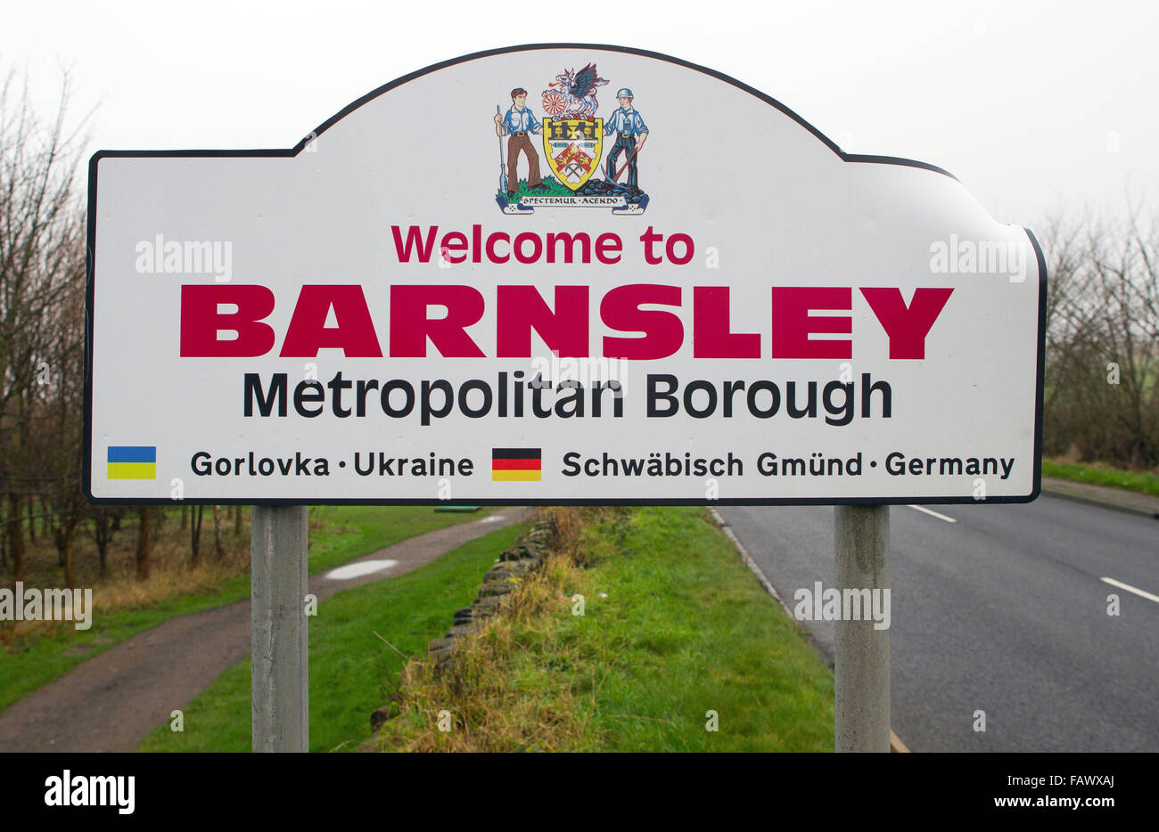 General view GV of a Welcome to Barnsley Metropolitan Borough street ...