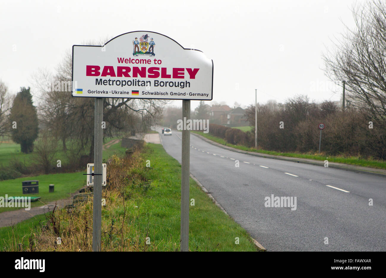 General view GV of a Welcome to Barnsley Metropolitan Borough street ...