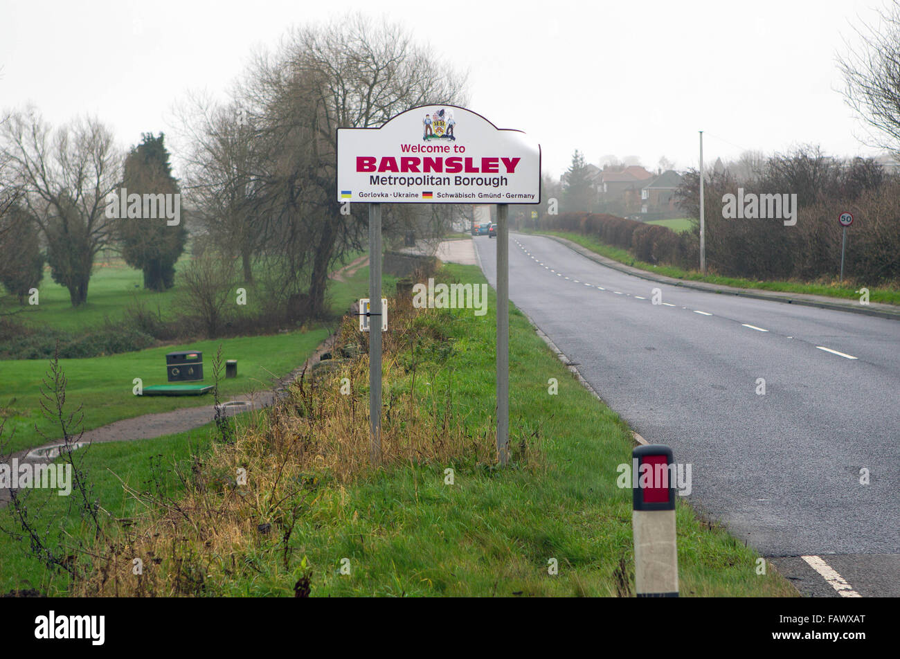 General view GV of a Welcome to Barnsley Metropolitan Borough street ...