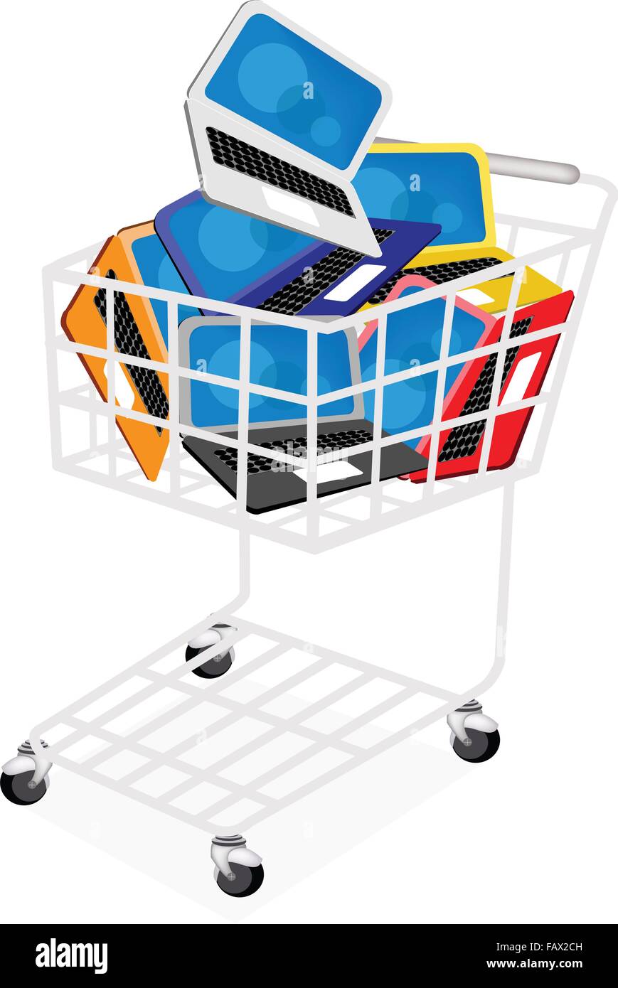 A Shopping Cart Full with Various Color of Laptop Computer or Computer ...