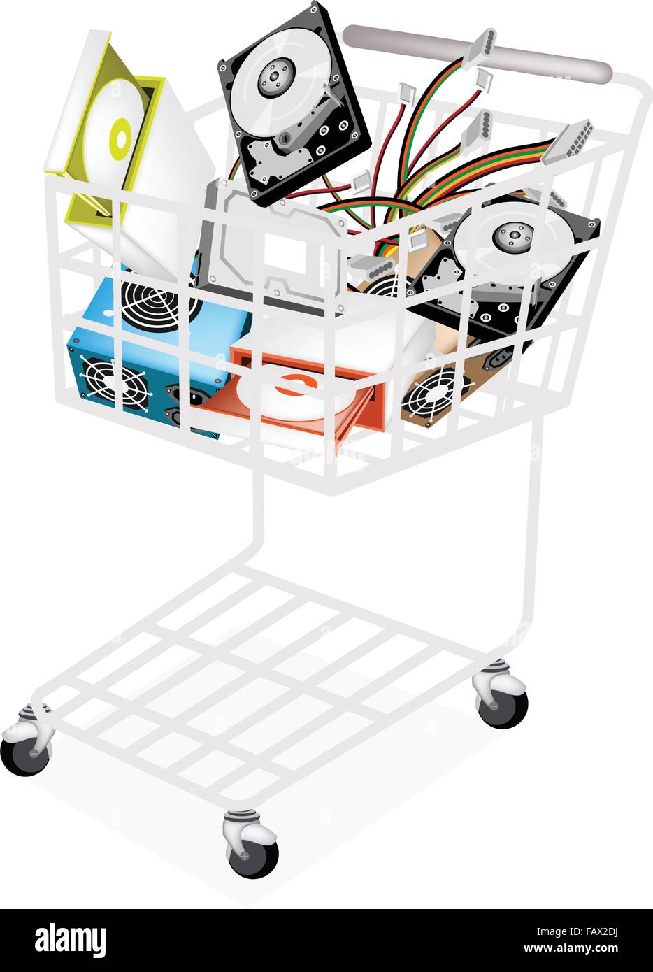A Shopping Cart Full with CD-ROM Disk Drive, Power Supply Box, Computer ...