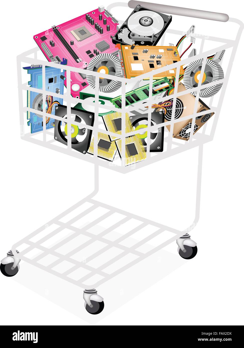 A Shopping Cart Full with CD-ROM Disk Drive, Power Supply Box, Computer ...