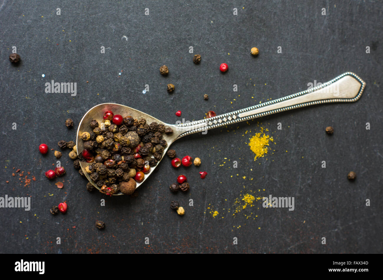 Paprika pepper spices and wintage silverware on rustic background Stock ...