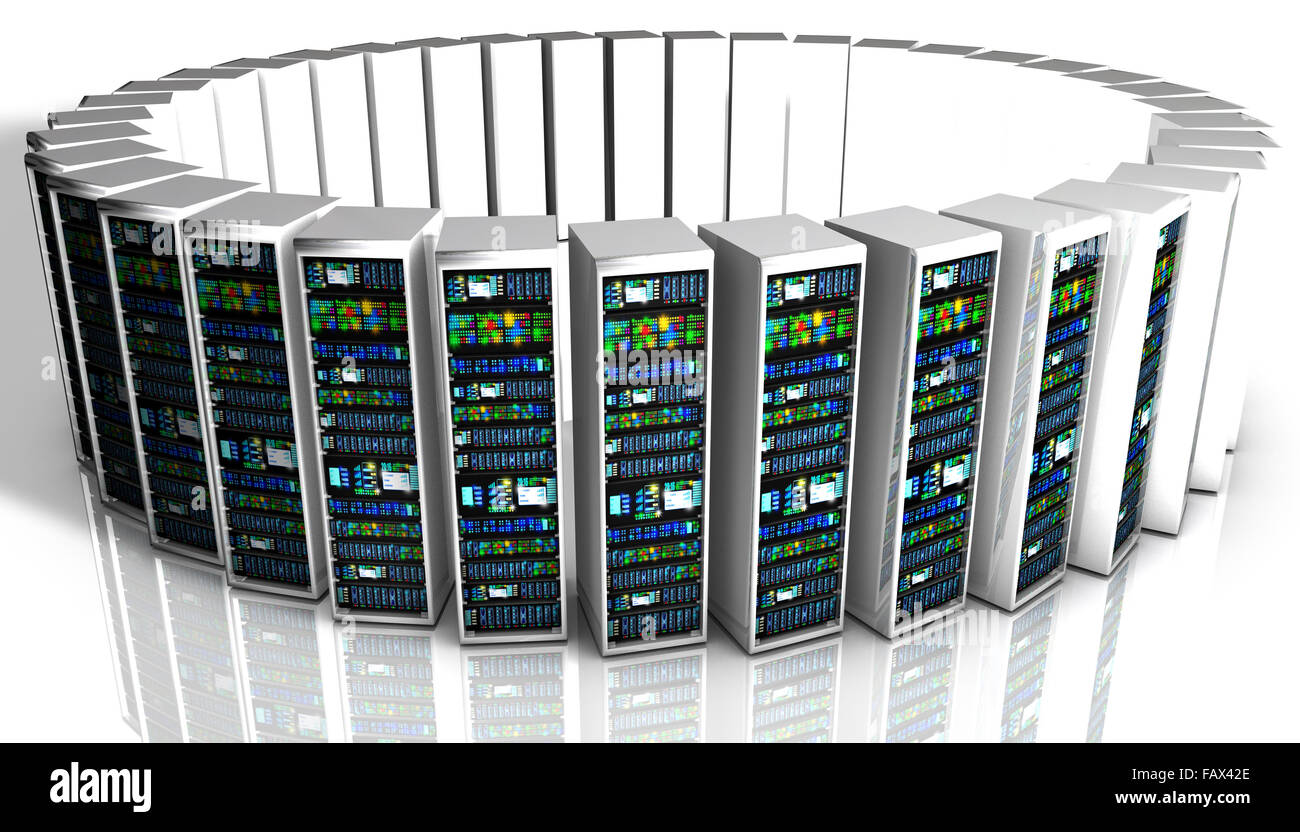 Terminal monitor in server room with server racks in datacenter ...