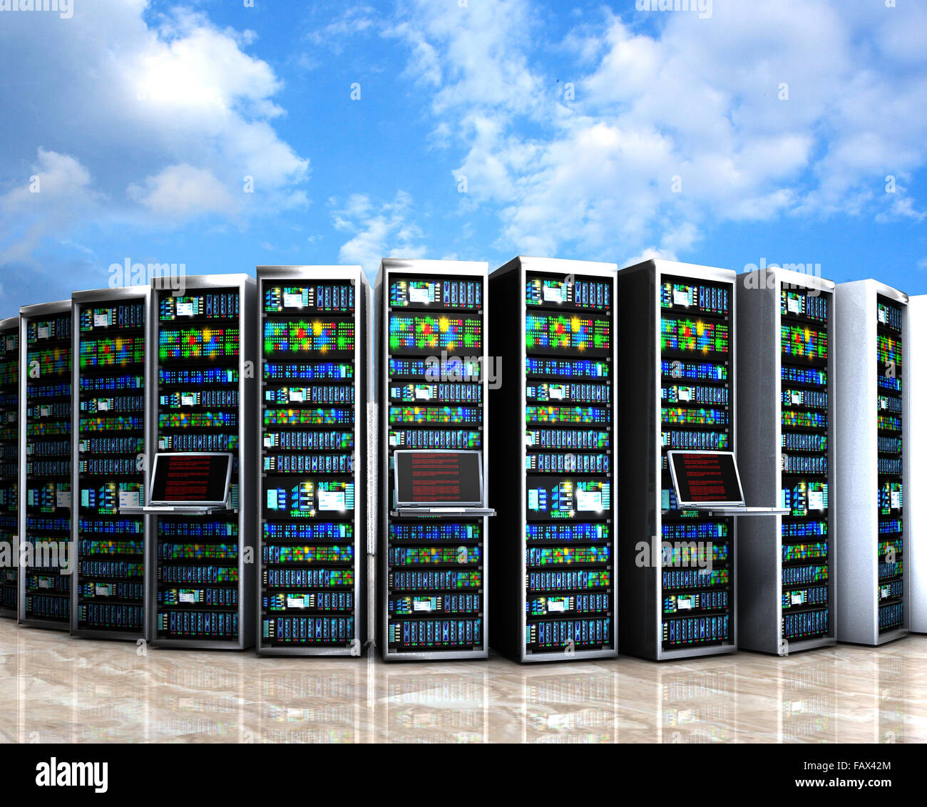 Terminal monitor in server room with server racks in datacenter ...