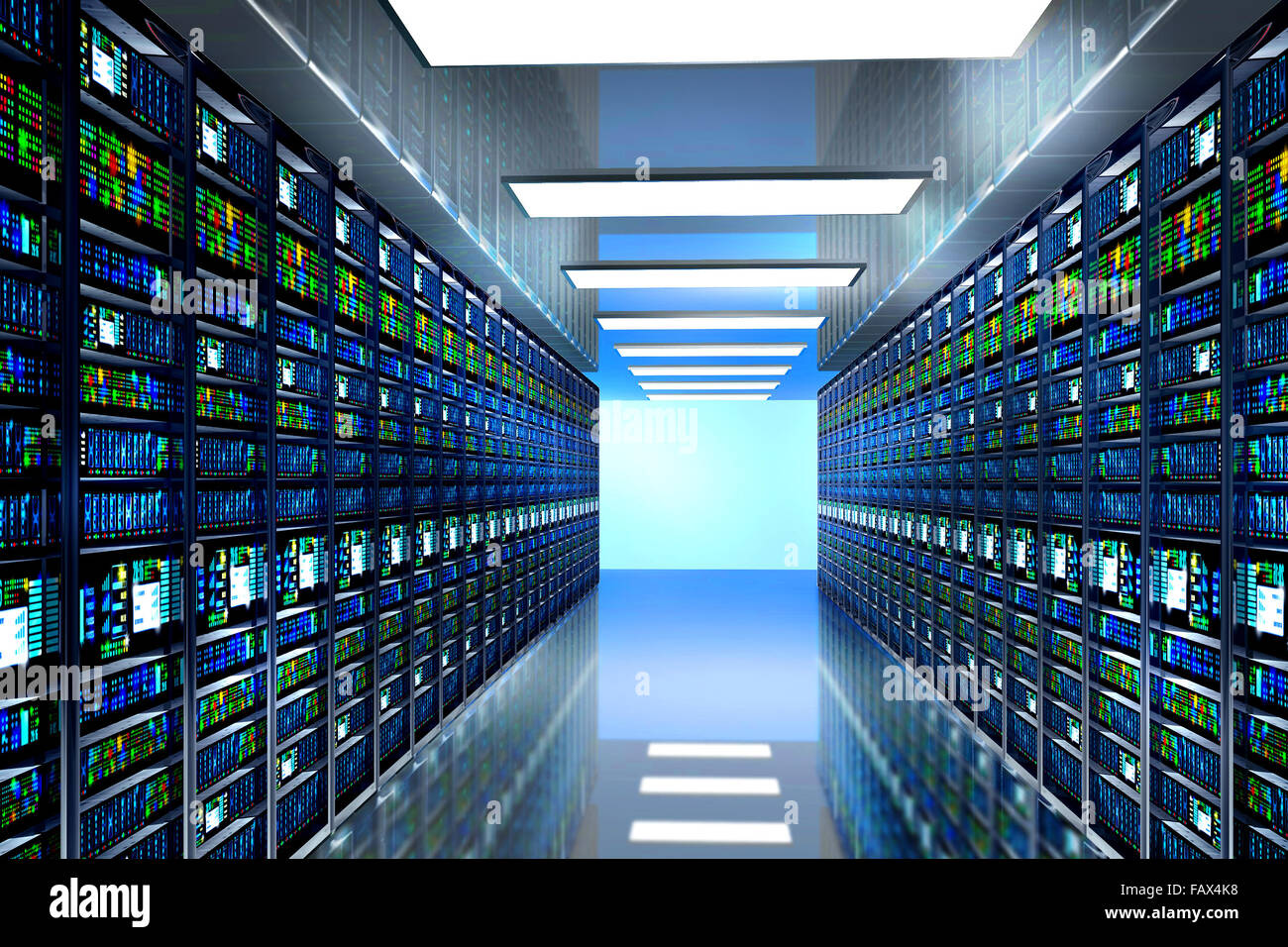 Terminal monitor in server room with server racks in datacenter ...