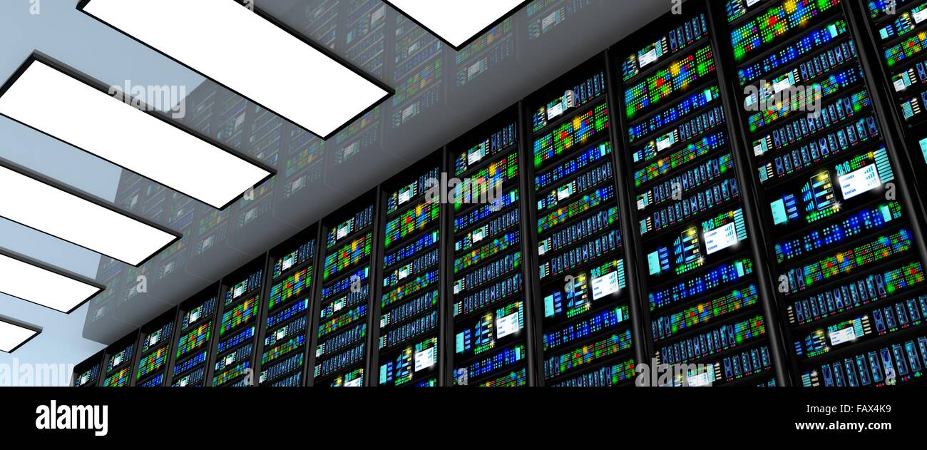 Terminal monitor in server room with server racks in datacenter ...