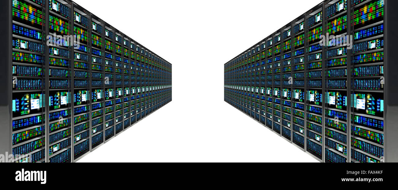 Terminal monitor in server room with server racks in datacenter ...